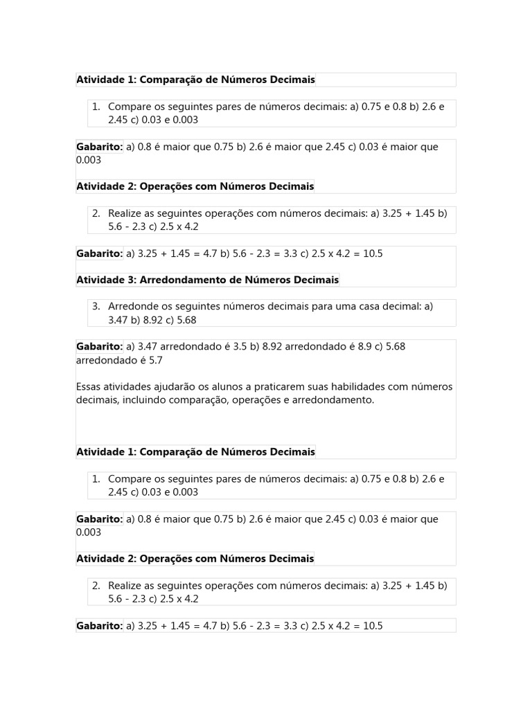 Atividades com Números Decimais | PDF