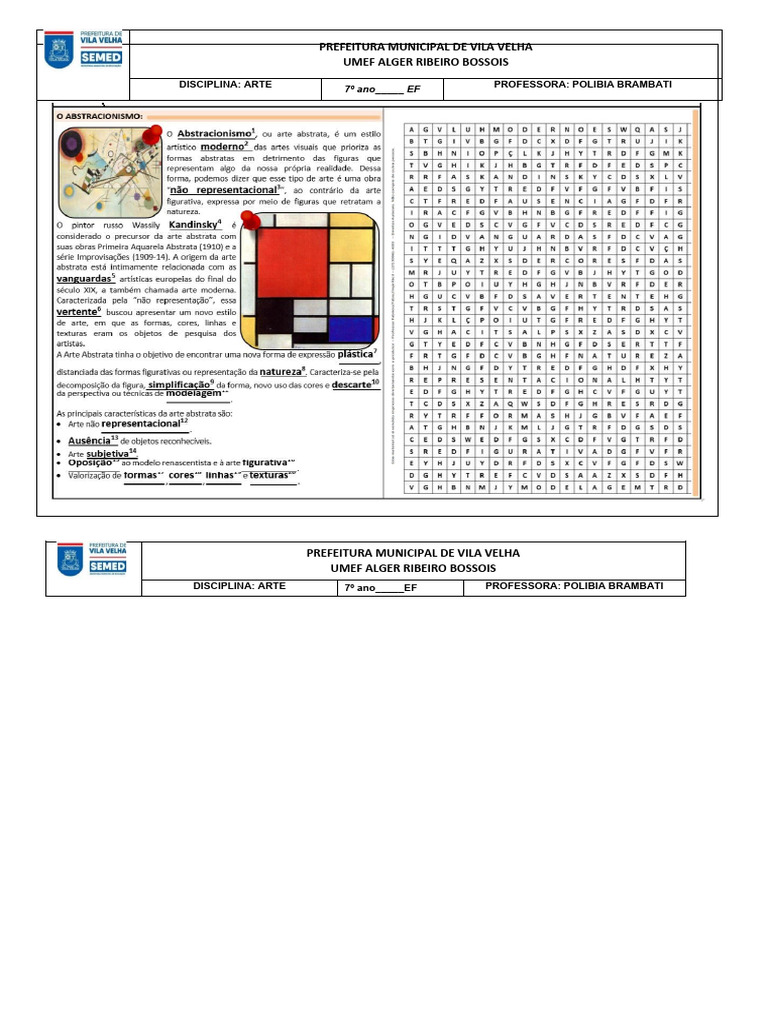 7º EF - Arte - Arte Abstrata - Caça-Palavras | PDF