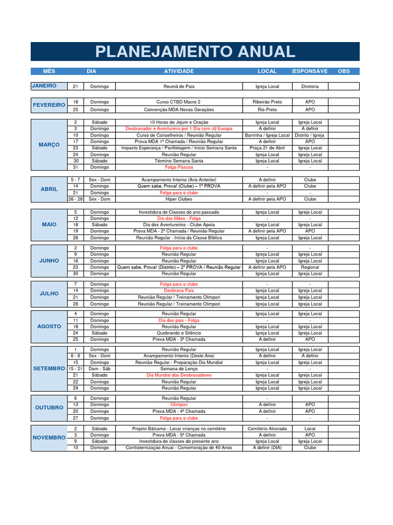 Planejamento Anual 2024 - Clube de Desbravadores | PDF
