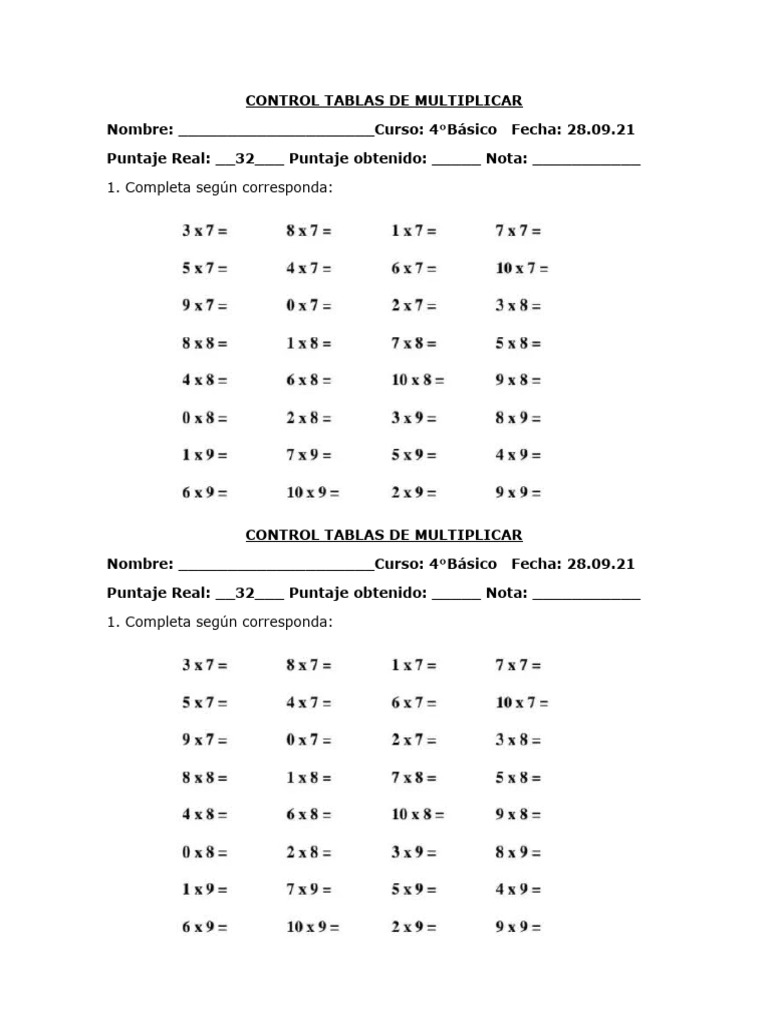 CONTROL TABLAS DE MULTIPLICAR 4° BASICO | PDF