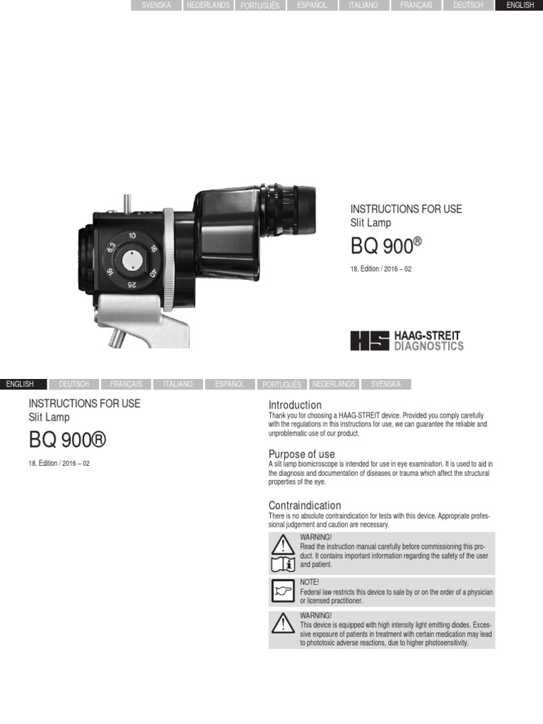 Haag-Streit Slit Lamp BQ-900 - User Manual | PDF | Optics