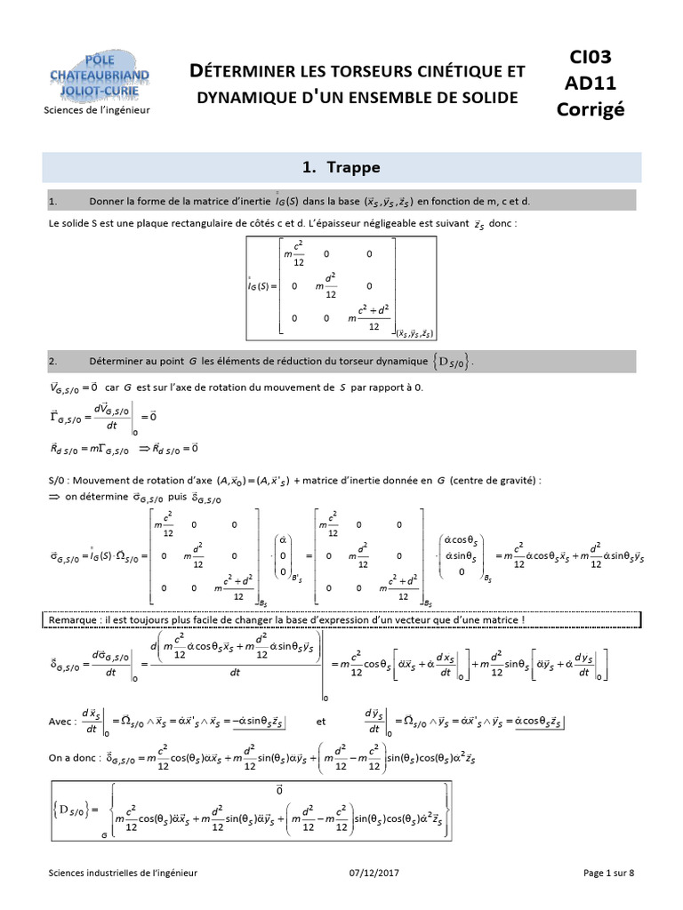 CI03 AD11 Corrigé - Déterminer Les Torseurs Cinétique Et Dynamique ...