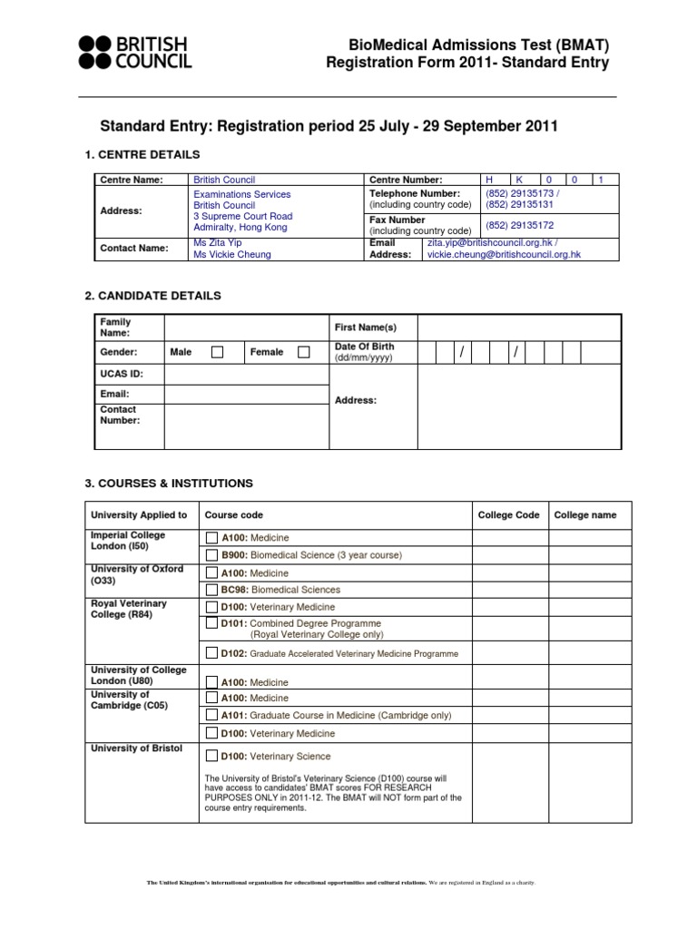 Bmat Reg Form 2011 Standard Entry | PDF | Credit Card | Test (Assessment)