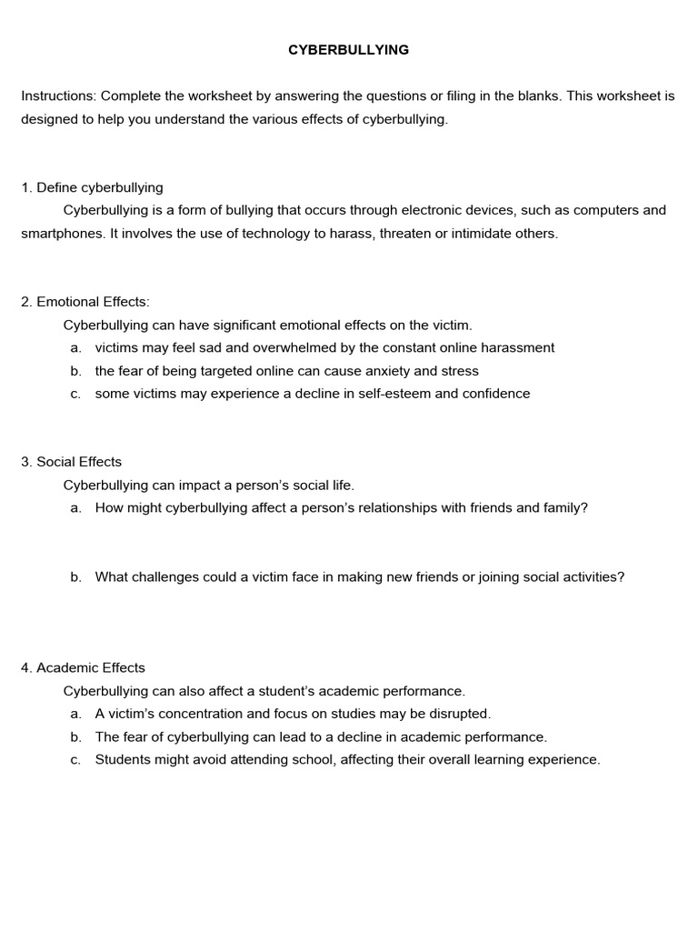 Cyberbullying Worksheet Guide | PDF
