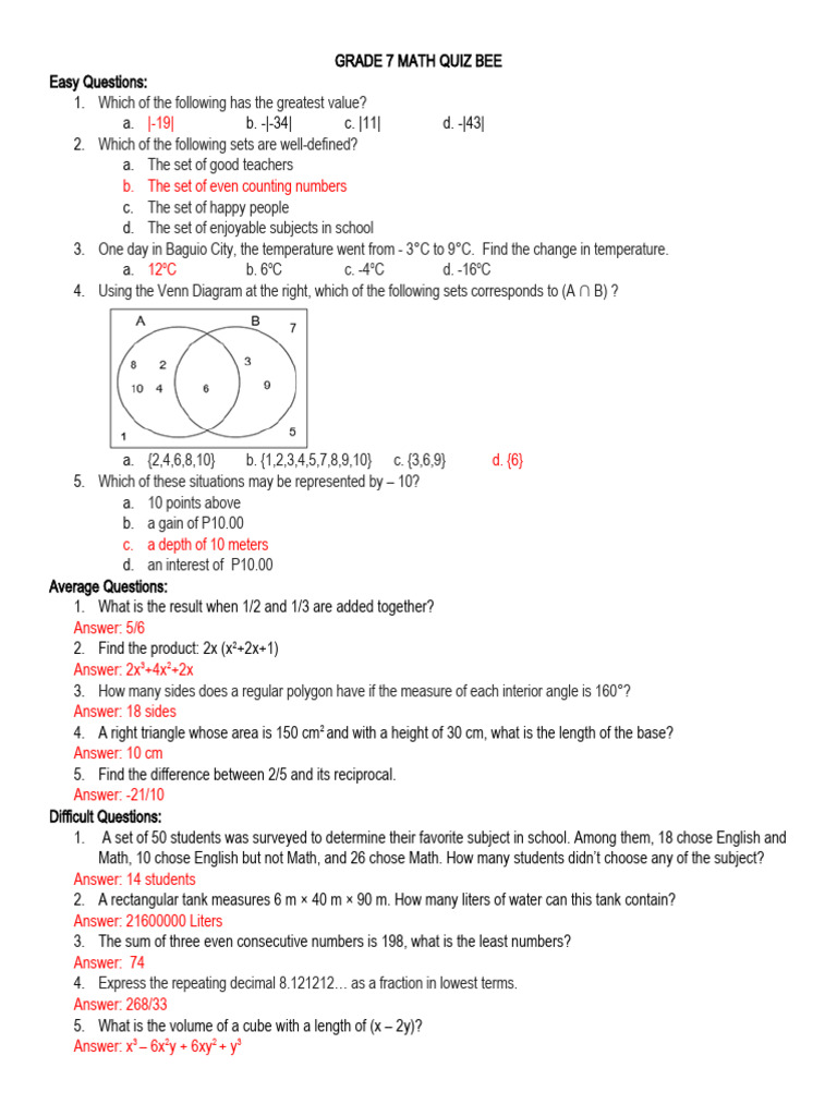 Grade 7 Quiz Bee | PDF | Mathematics | Elementary Mathematics