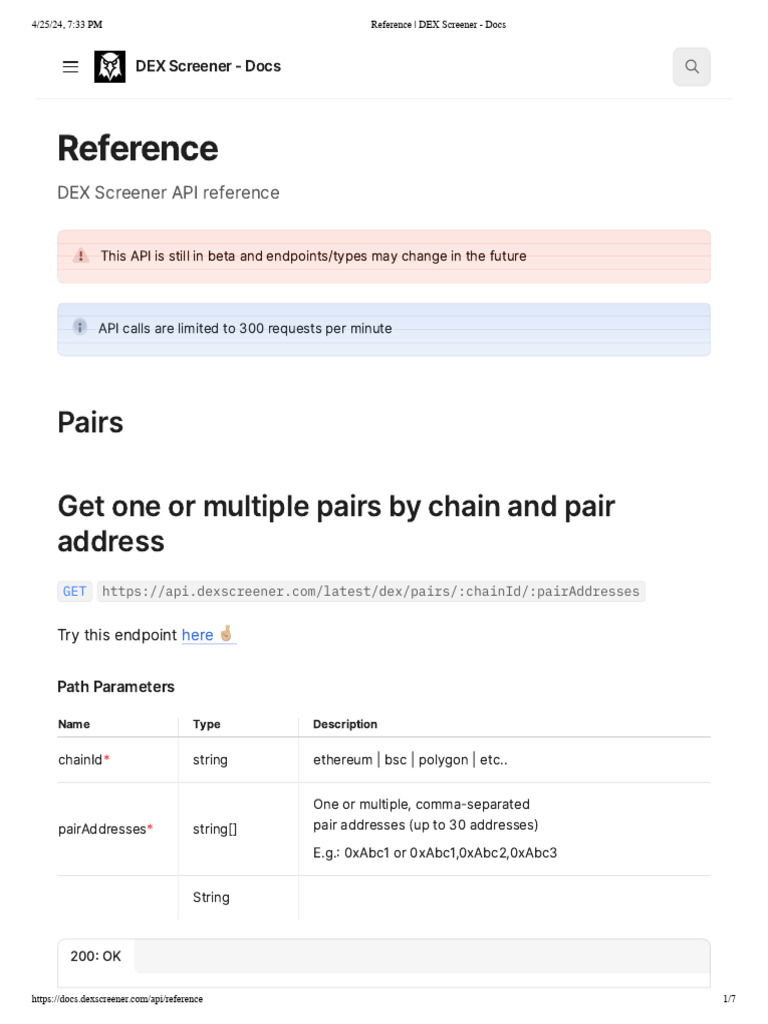 Reference - DEX Screener - Docs | PDF | Software Engineering | Computer Programming