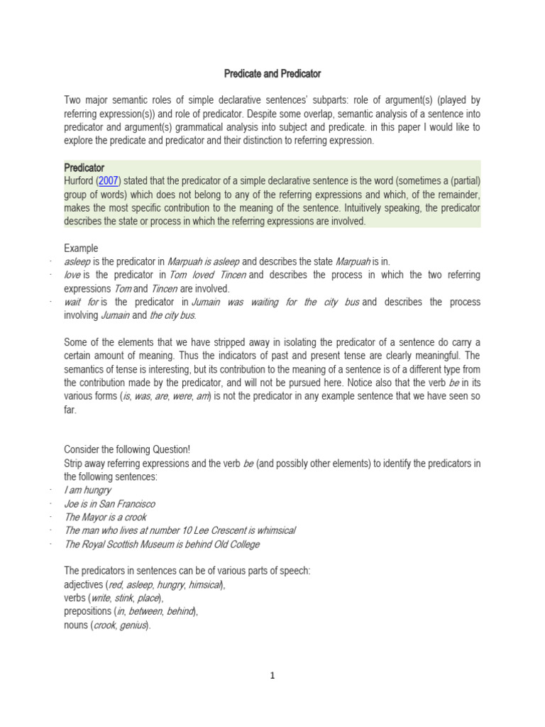 Predicate and Predicator | Download Free PDF | Predicate (Grammar) | Verb