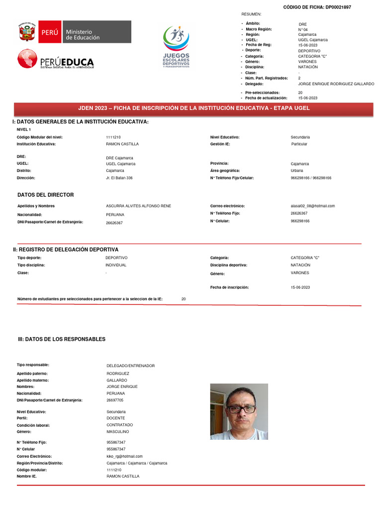 Inscripción Natación IE Ramón Castilla | PDF | Documento de identidad | Gobierno y personalidad