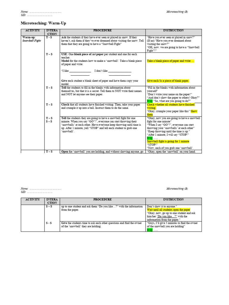Microteaching - Lesson Plan - WARM-UP | PDF