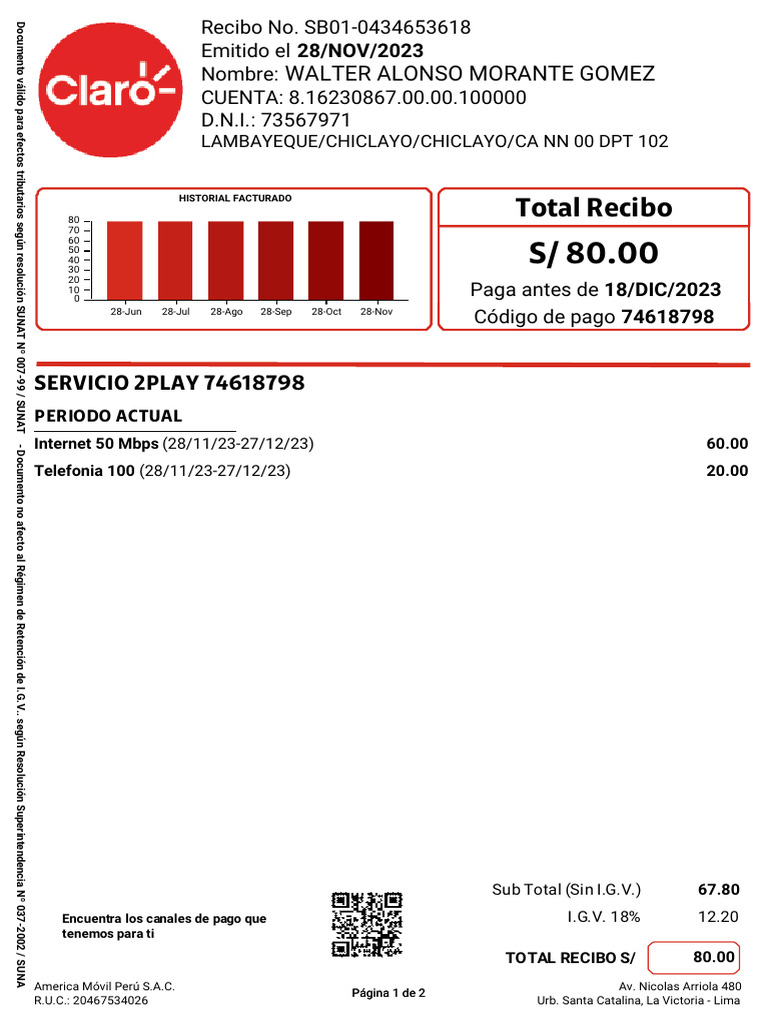 Total Recibo: Walter Alonso Morante Gomez | PDF | Telecomunicaciones