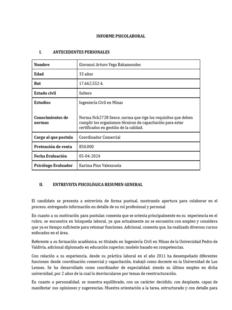 Informe Psicolaboral Giovanni Vega | PDF | Toma de decisiones | Sicología