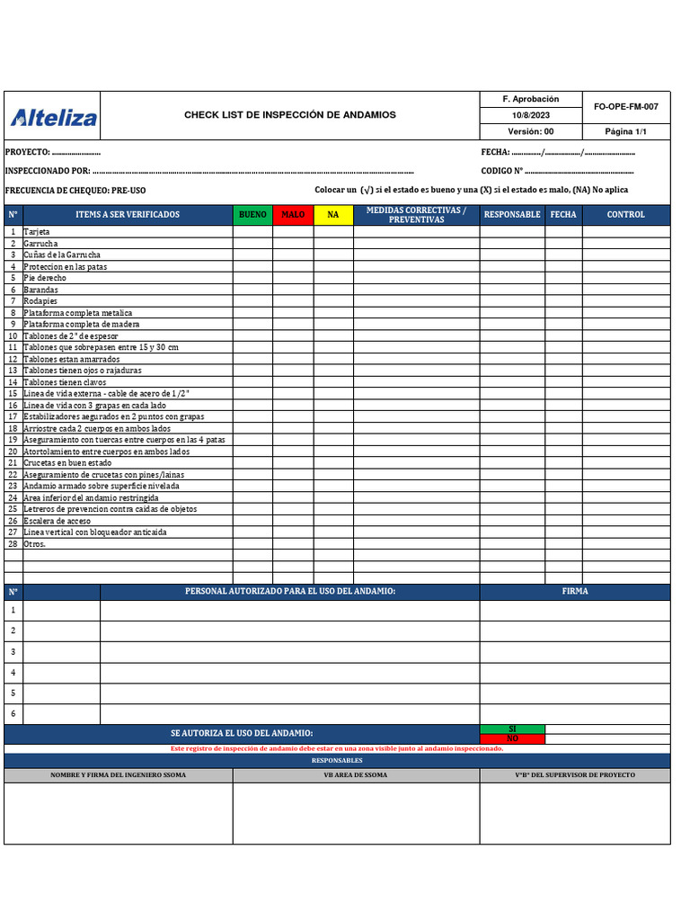 Inspección de Andamios: Checklist Pre-uso | PDF