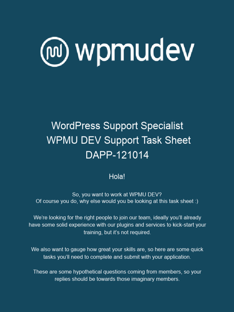 WordPress Support Specialist WPMU DEV Support Task Sheet | PDF | Word Press | Cyberspace