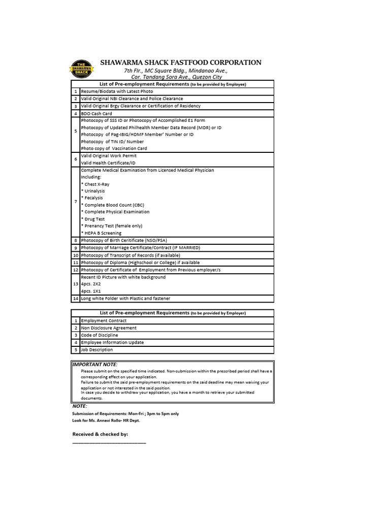 LIST OF REQUIREMENTS For Service Crew | PDF