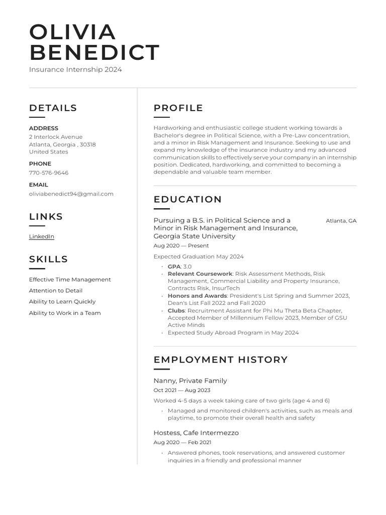 Olivia Benedict Resume | PDF | Insurance | Business