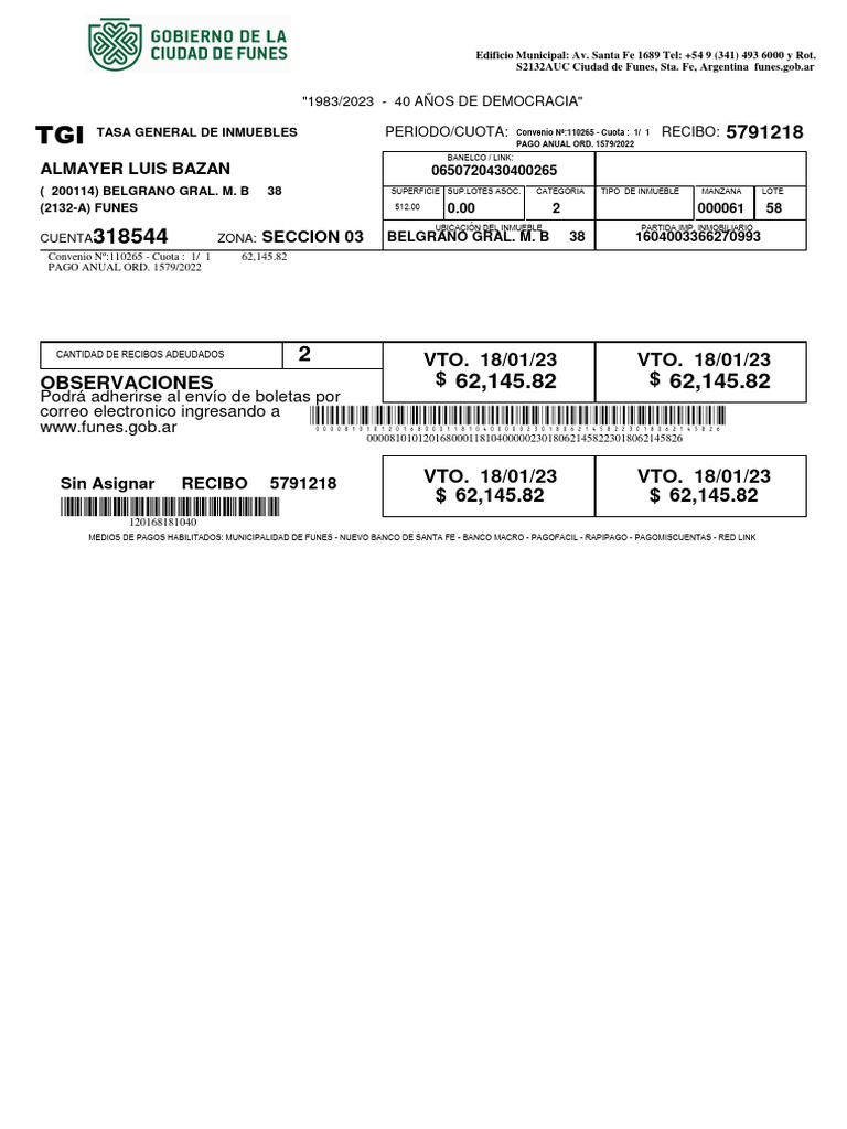 Recibo TGI Ciudad de Funes 2023 | PDF