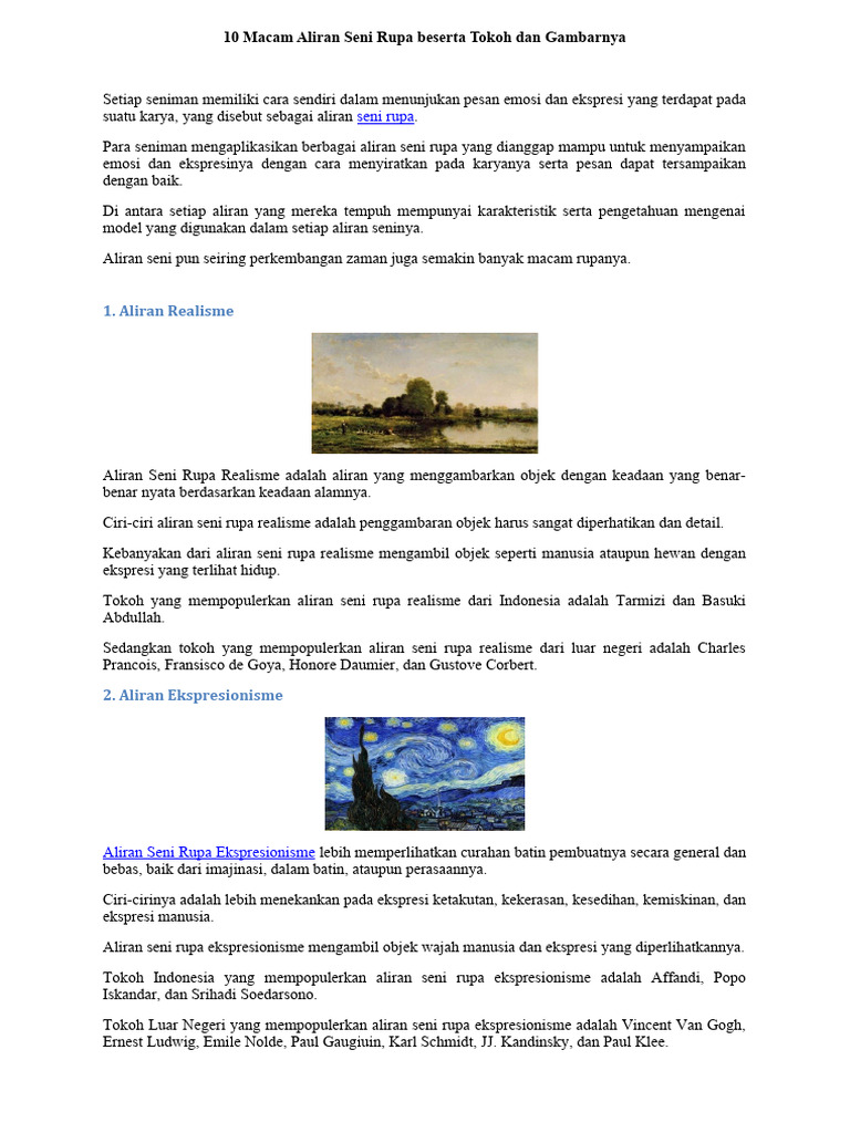 10 Macam Aliran Seni Rupa Beserta Tokoh Dan Gambarnya | PDF