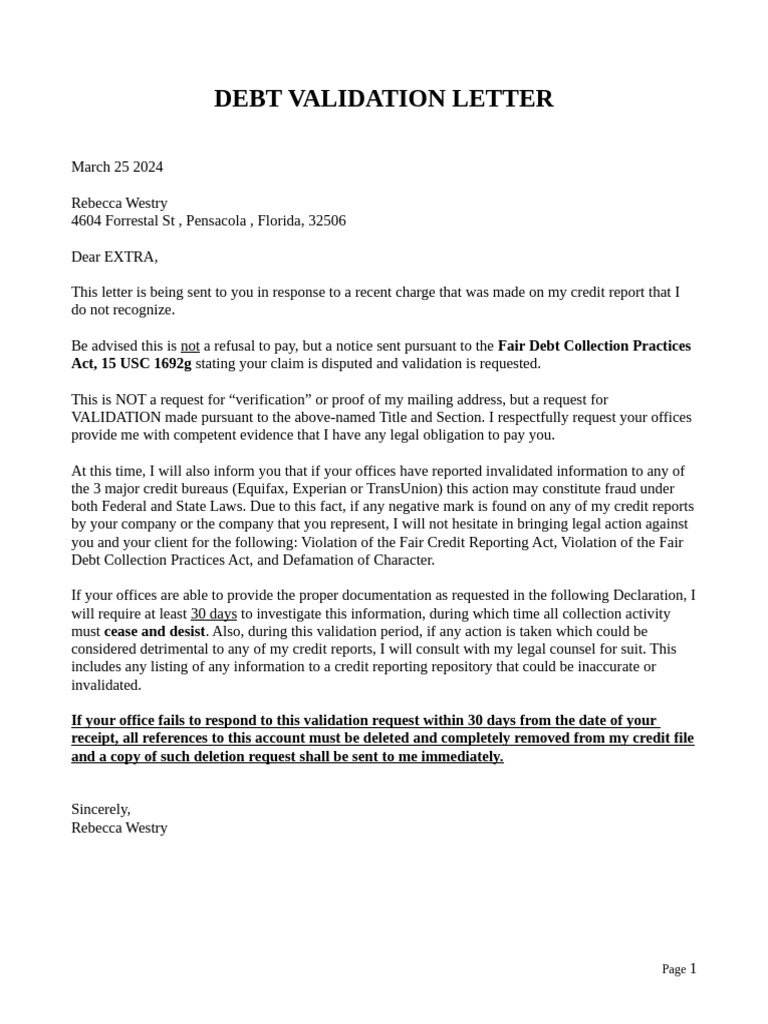 Debt Validation Letter | PDF | Liability (Financial Accounting ...