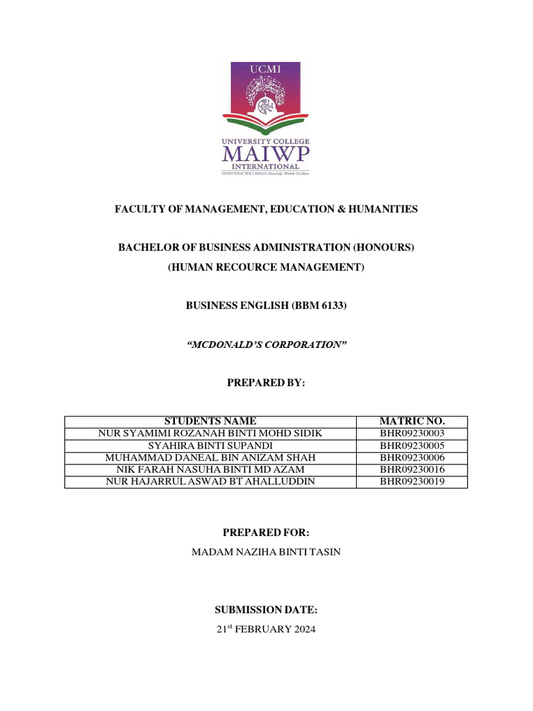 GROUP 5 McDonald's Corporation Assignment | PDF | Mc Donald's | Employment