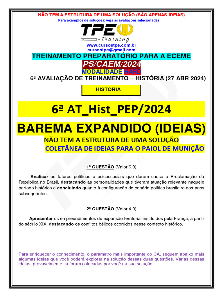 17.2 - 6 AT Hist - 17 Avl - PS - CAEM - 2024 20 ABR 24 Barema Expandido | PDF | Primeiro Império ...