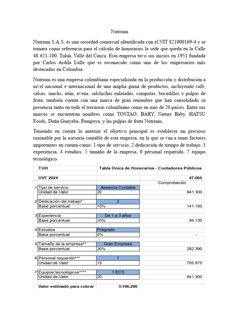 Honorarios Asesoría Contable Nutrium | PDF
