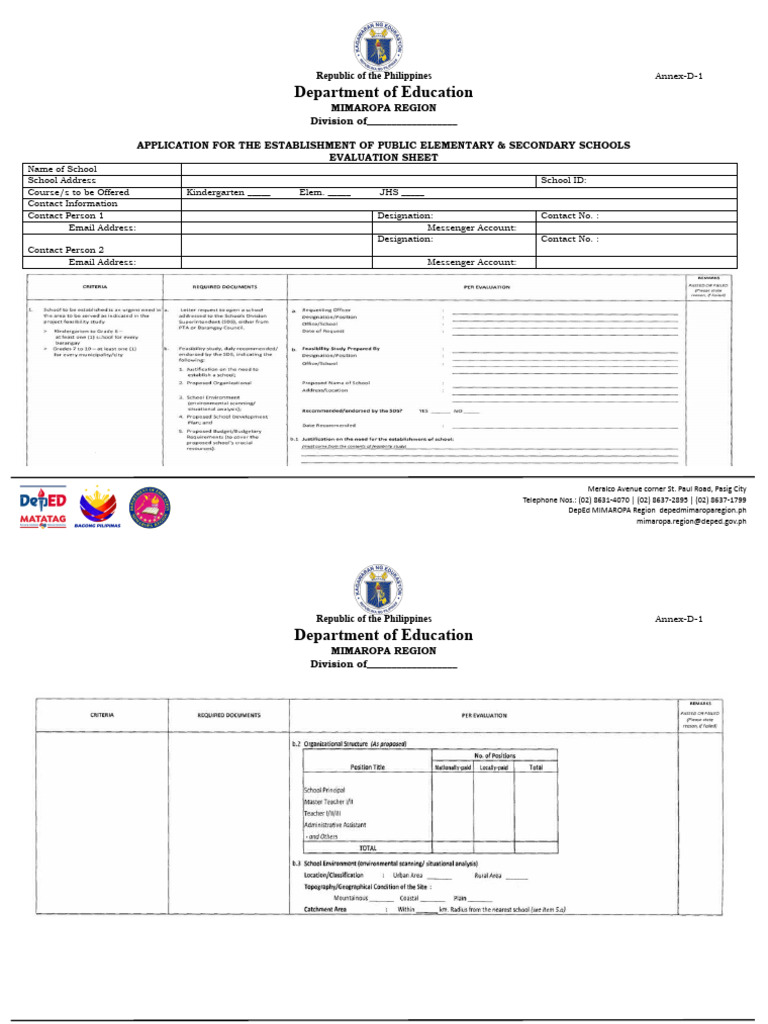 Application For The Establishment Of Public Elementary Secondary