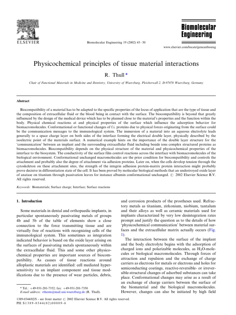 Physicochemical Principles of Tissue Material Interactions | PDF | Adsorption | Physical Chemistry