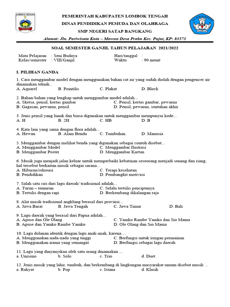Soal Seni Budaya Kelas 8 2022 | PDF | Kajian Bahasa Asing
