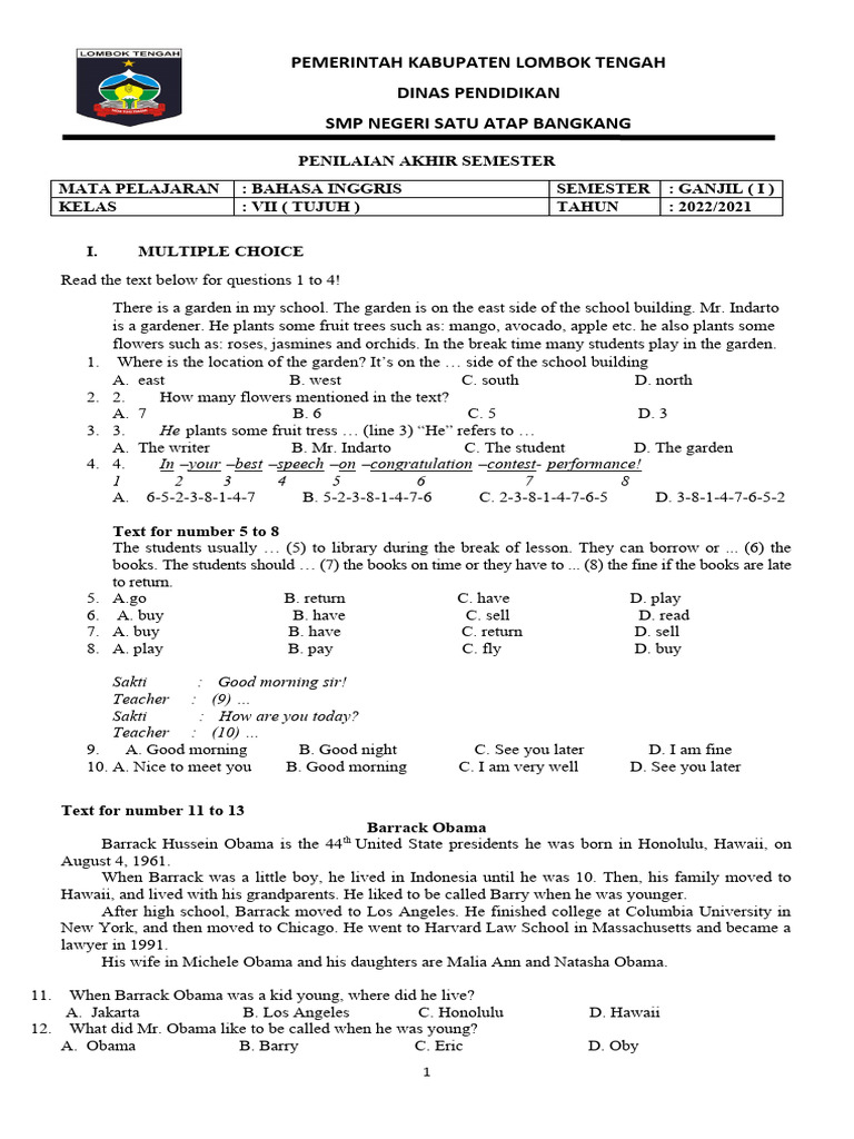Bahasa Inggris kelas 7 PAT | PDF