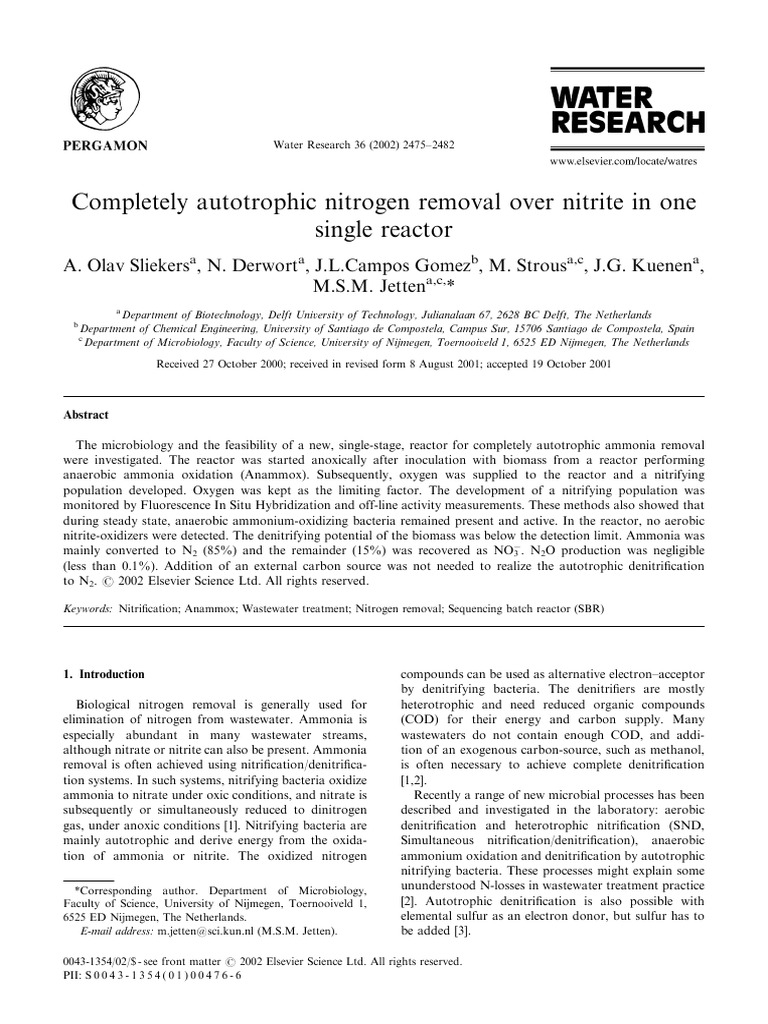 Completely Autotrophic Nitrogen Removal Over Nitrite in One Single ...