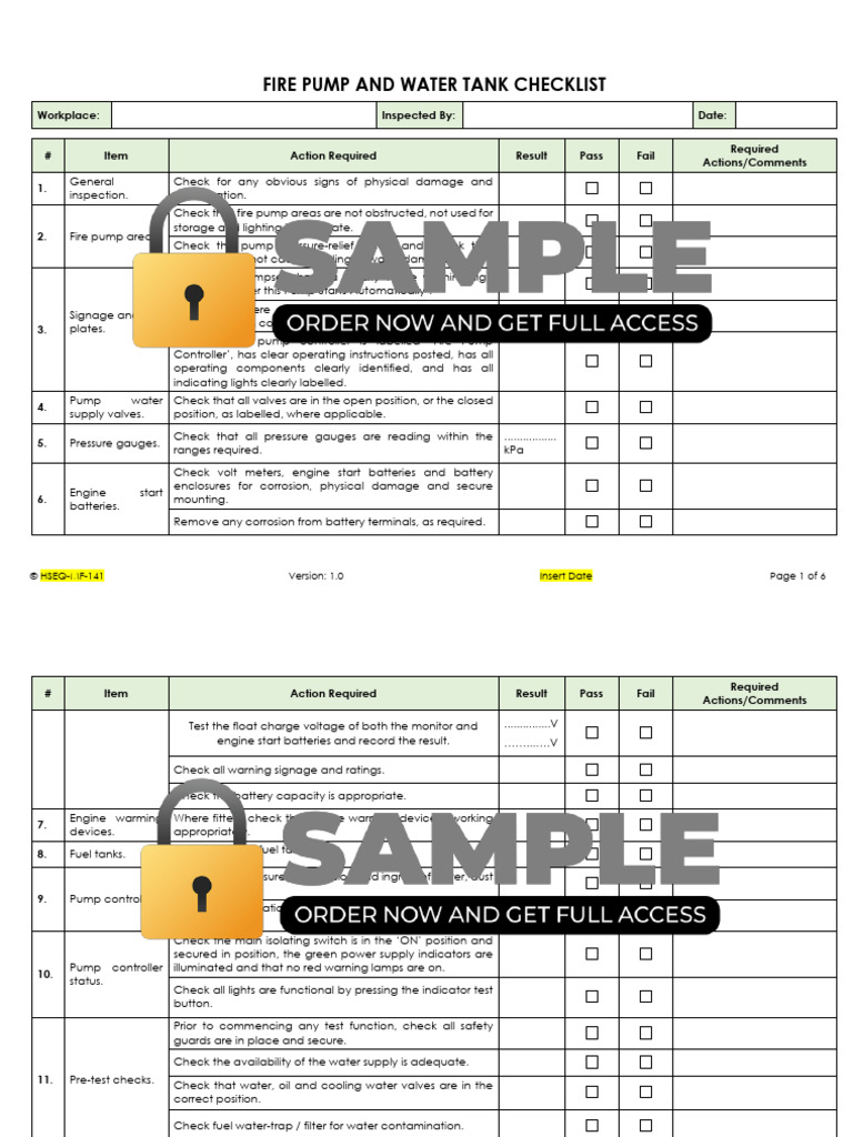 HSEQ MF 141 Fire Pump Inspection and Water Tank Checklist Sample | PDF ...