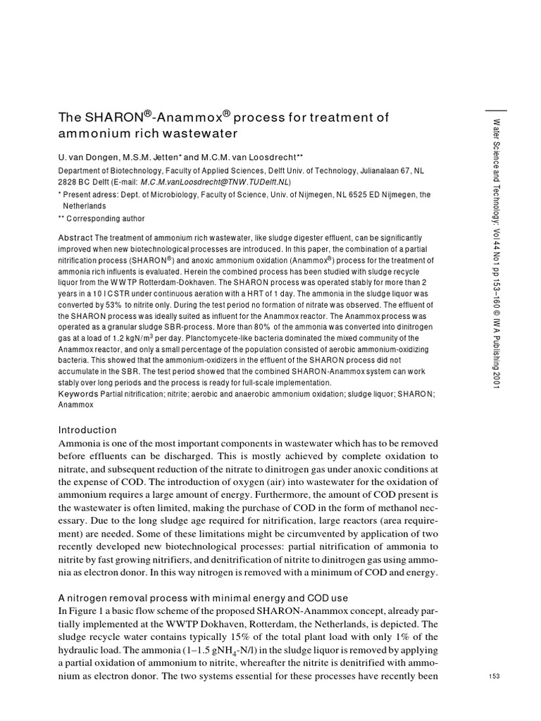 The SHARON®-Anammox® Process For Treatment of Ammonium Rich Wastewater ...