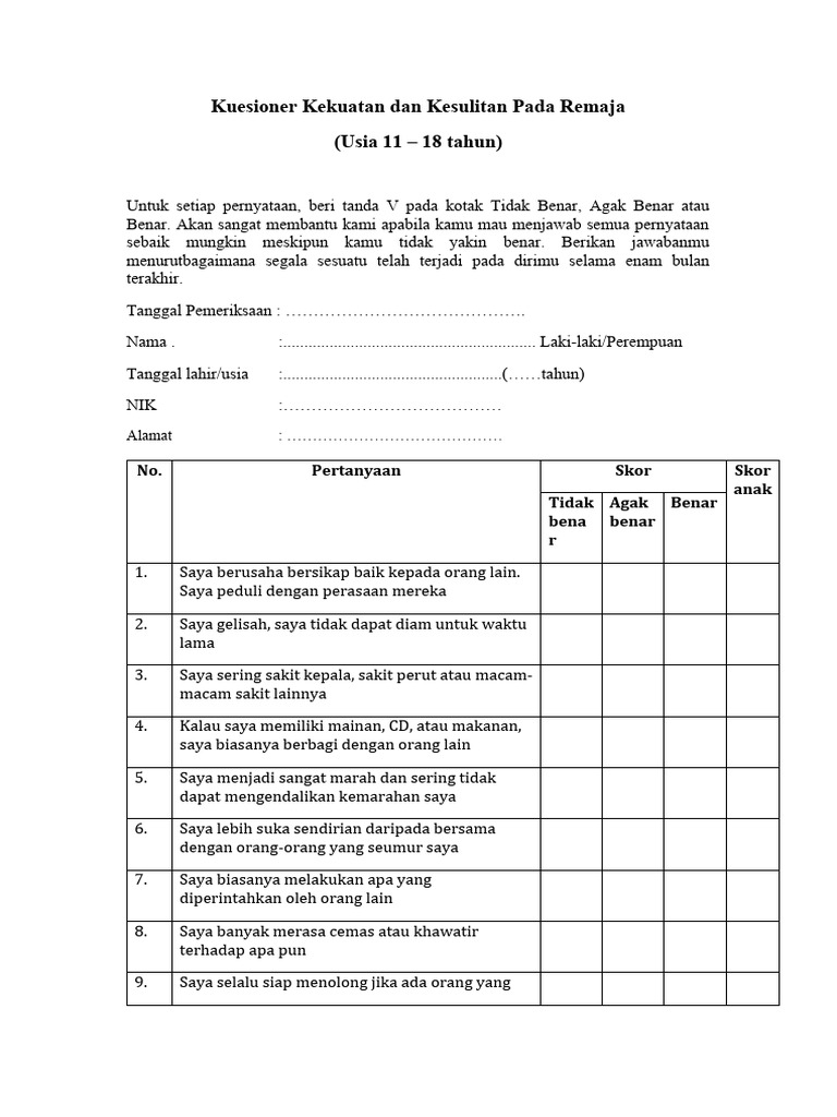 Kuesioner SDQ untuk Remaja 11-18 Tahun | PDF | Pengembangan Diri | Gaya ...