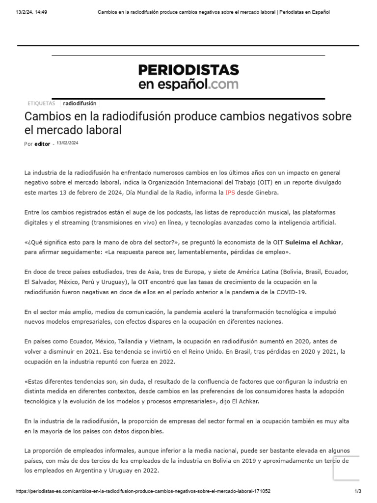 Cambios en La Radiodifusi-N Produce Cambios Negativos Sobre El Mercado Laboral - Periodistas en ...