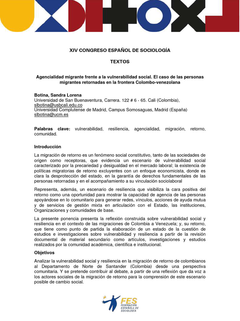 Texto-Corto - Congreso-FES-2022. Botina, Sandra Lorena | PDF | Migración humana | Resiliencia ...