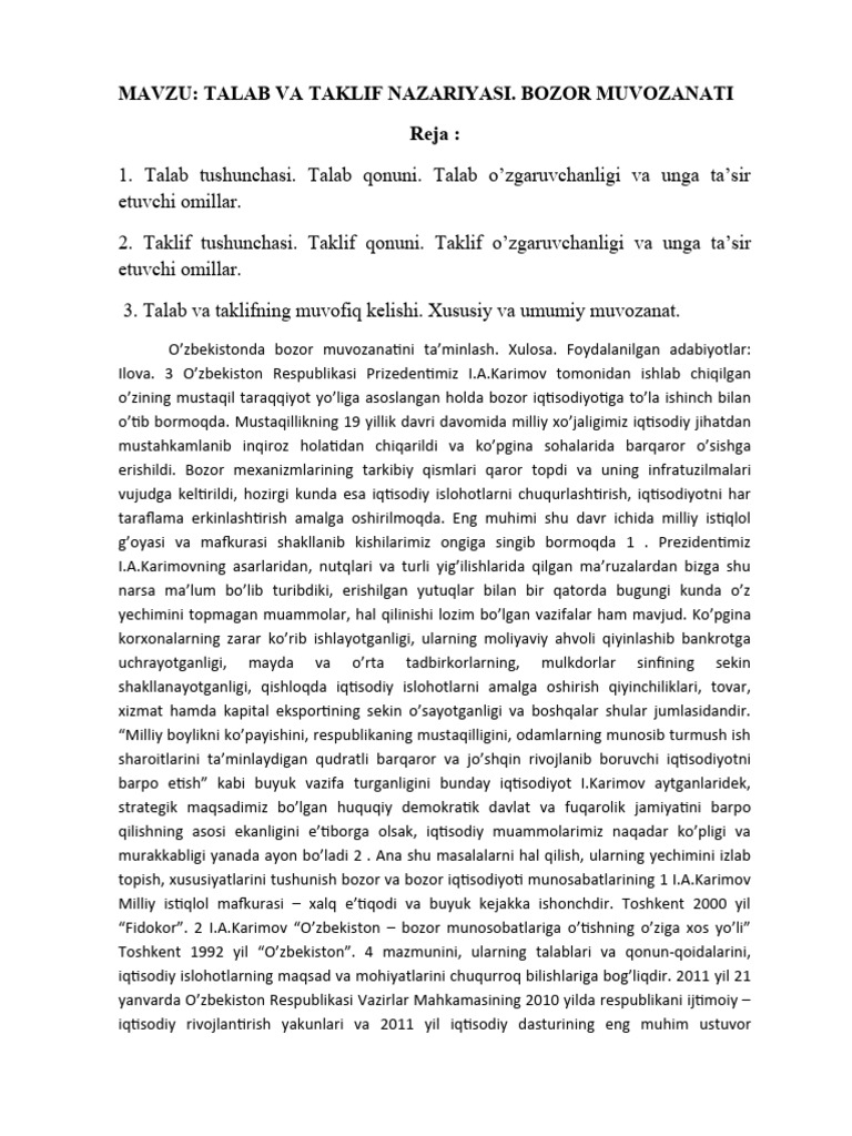 Talab Va Taklif Nazariyasi. Bozor Muvozanati | PDF