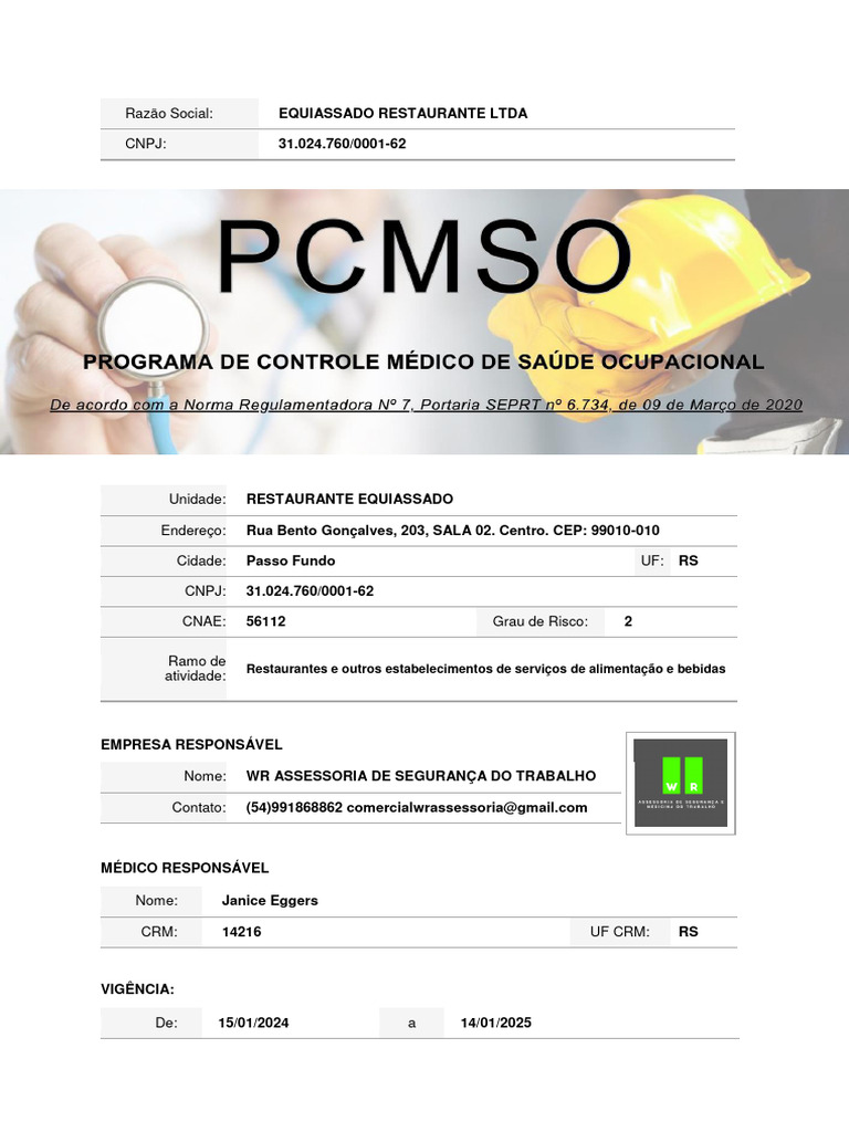 Pcmso Restaurante Equiassado 2024 2025 | PDF | Epidemiologia | Terapia ...