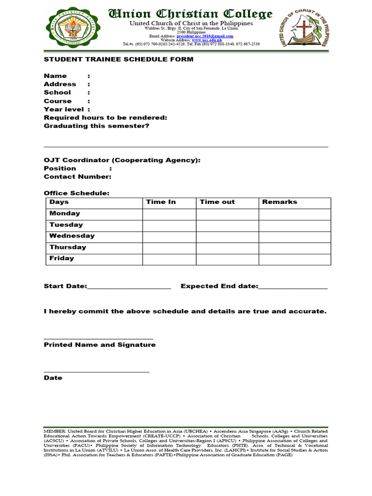 UCCP Student Trainee Schedule Form | PDF