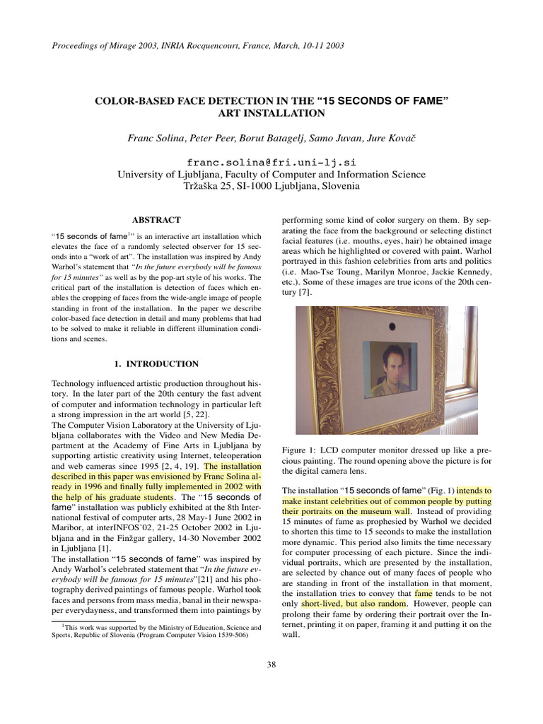 Color-Based Face Detection in The "15 Seconds of Fame" | PDF | Image Resolution | Lighting