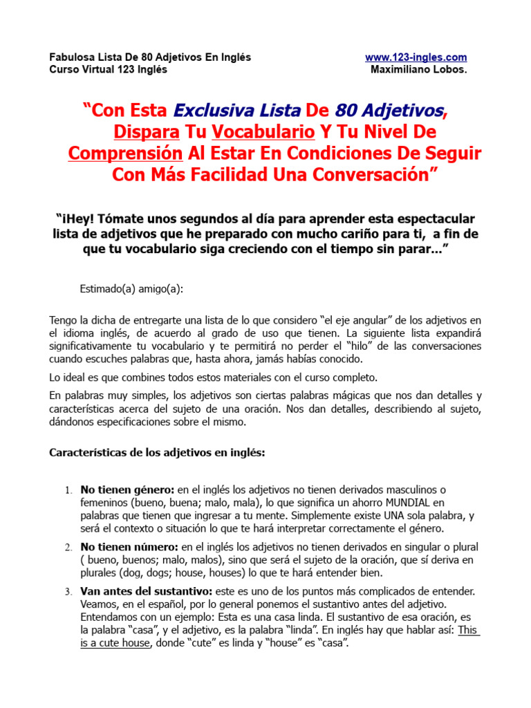 Lista de 80 Adjetivos en Inglés Autor Maximiliano Lobos | PDF ...