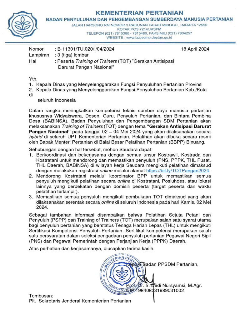 Surat - Kabadan Ke Dinas Prov Kab Kot - ToT Gerakan Antisipasi Darurat Pangan - Signed | PDF