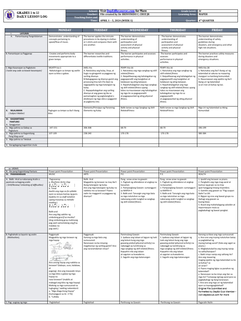 DLL - Mapeh 4 - Q4 - W1 | PDF