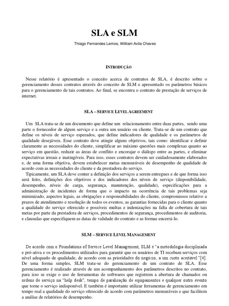 Sla & SLM | PDF | Acordo de Nível de Serviço (SLA) | Qualidade (negócios)