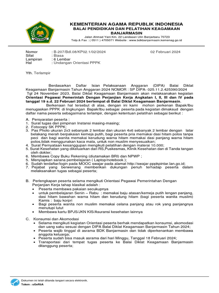 Pemanggilan Orientasi PPPK Angkatan I, II, III Dan IV Tanggal 19 - 22 Februari 2024 | PDF