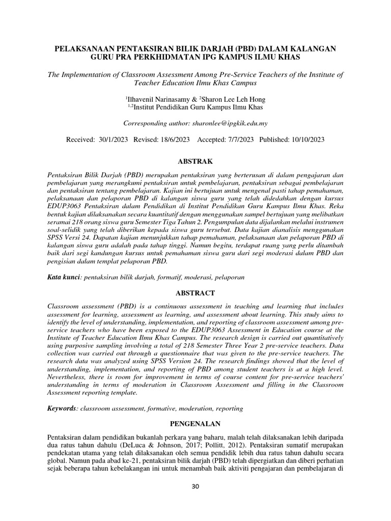 Pelaksanaan Pentaksiran Bilik Darjah Dalam Kalangan Guru Pelatih Pra ...