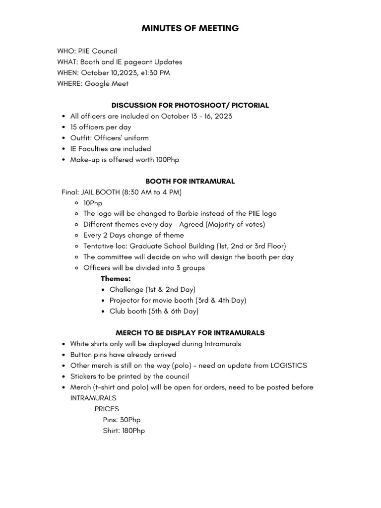 PIIE Council Meeting Minutes: Intramurals 2023 | PDF