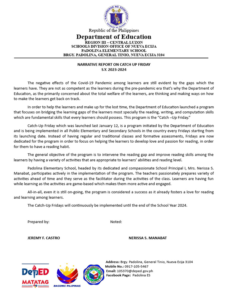 Padolina Es-Narrative-Report-On-Catch-Up-Friday | PDF | Learning ...