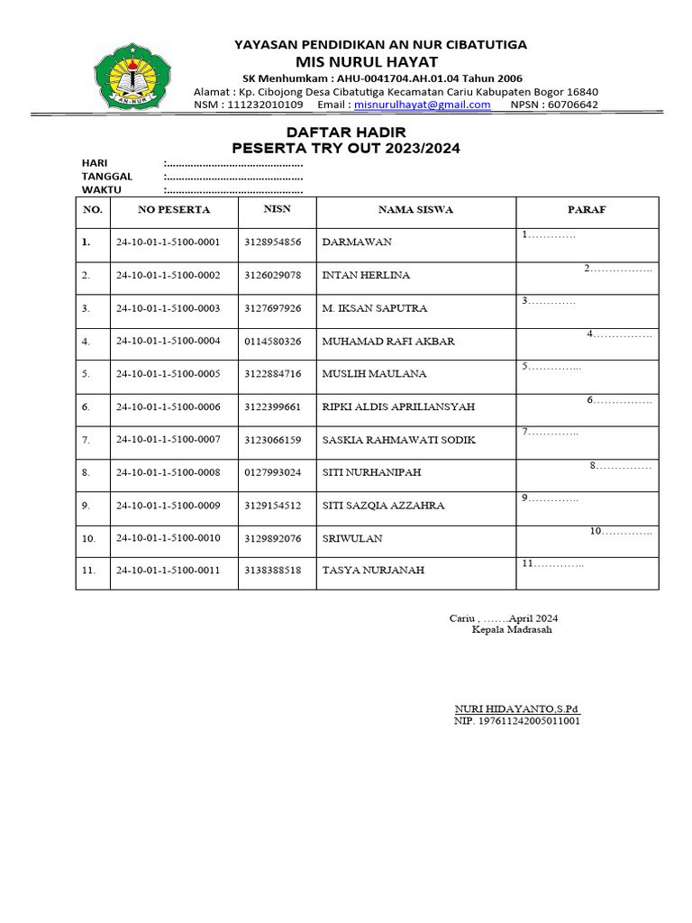 Daftar Hadir Peserta Ujian | PDF