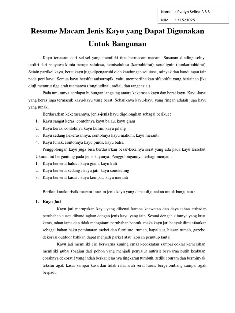 Tugas Individu Resume Struktur Kayu (Evelyn Selina-K1521025) | PDF