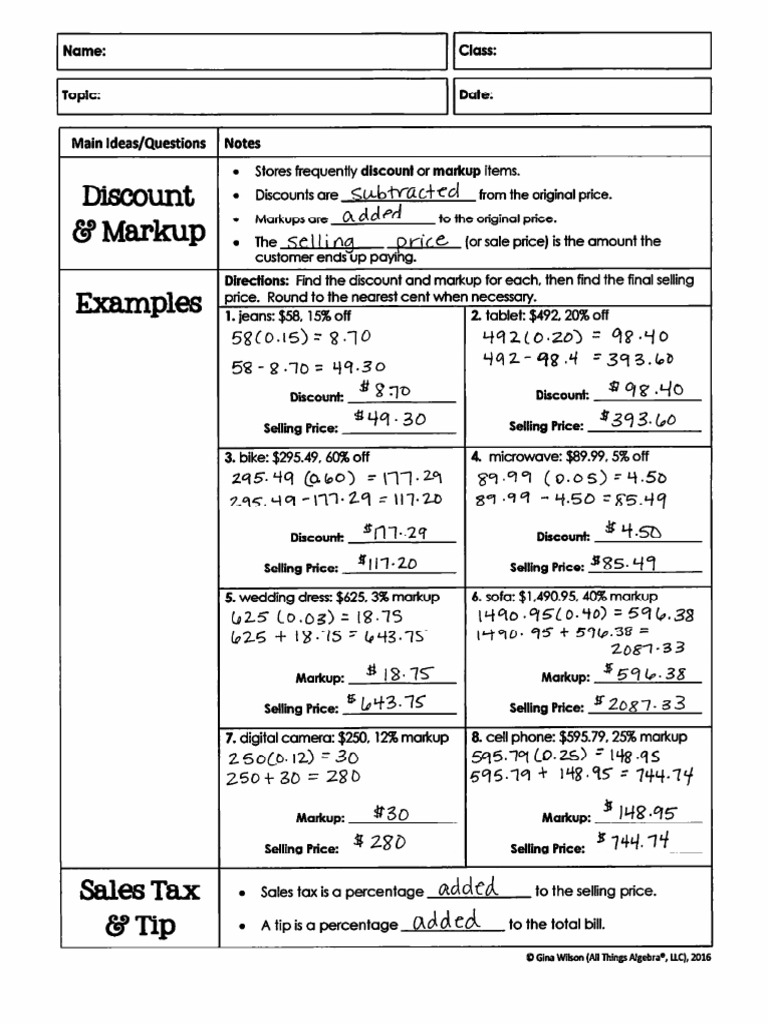 Mark Up Down Tax and Tip NOTES KEY | PDF